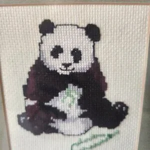 Art | Vintage Panda Bear Cross Stitch Framed Art Faux Bamboo Wood Frame ...